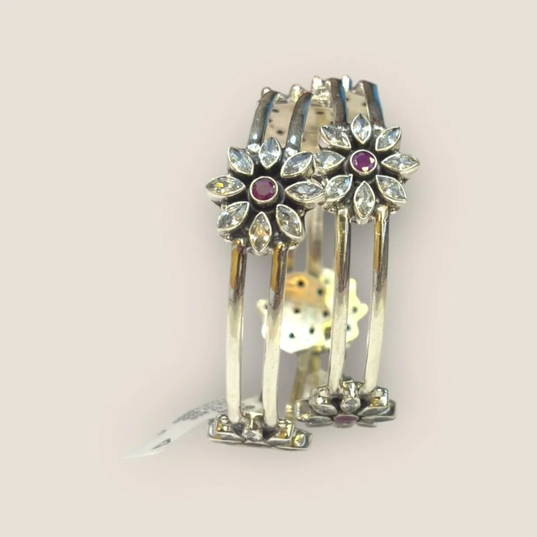 BEAUTIFUL SILVER KARA PAIR WITH PINK STONE & FLOWER DEGINE | SK248